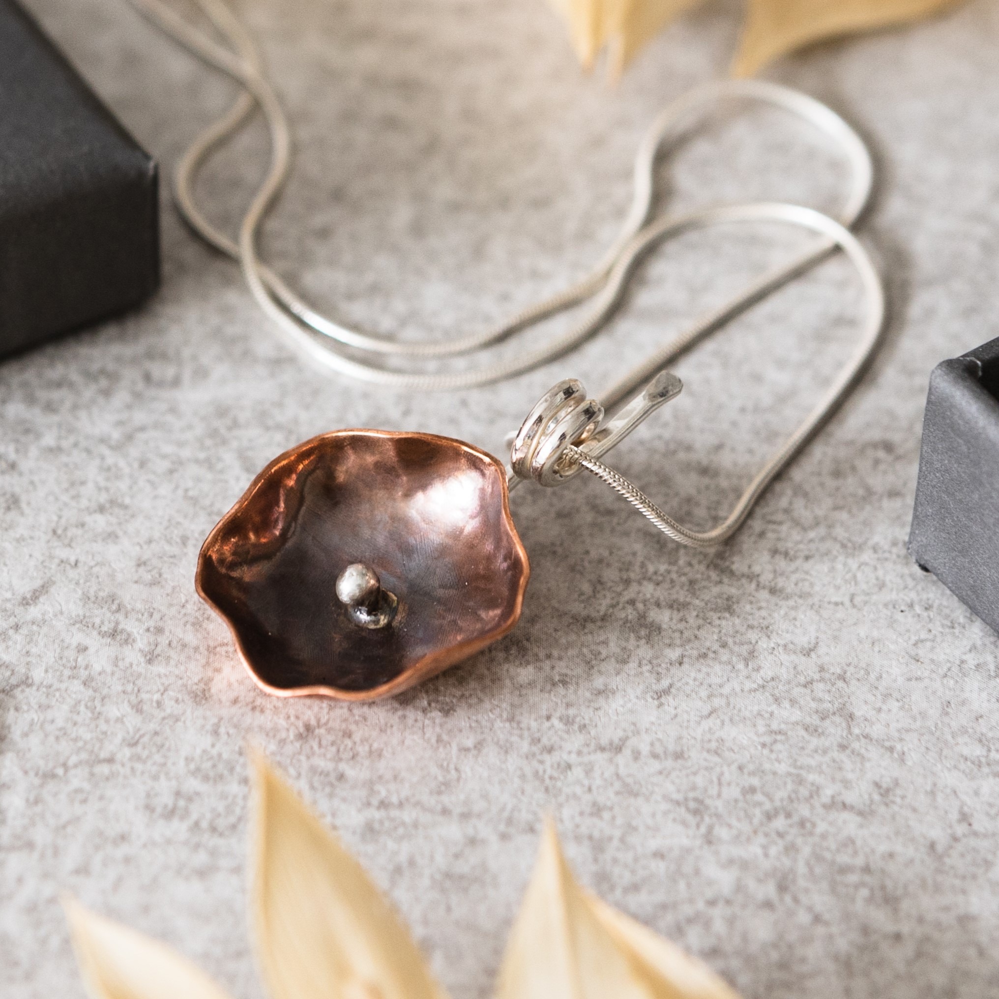 Copper & Silver Flower Pendant, Handcrafted floral jewellery